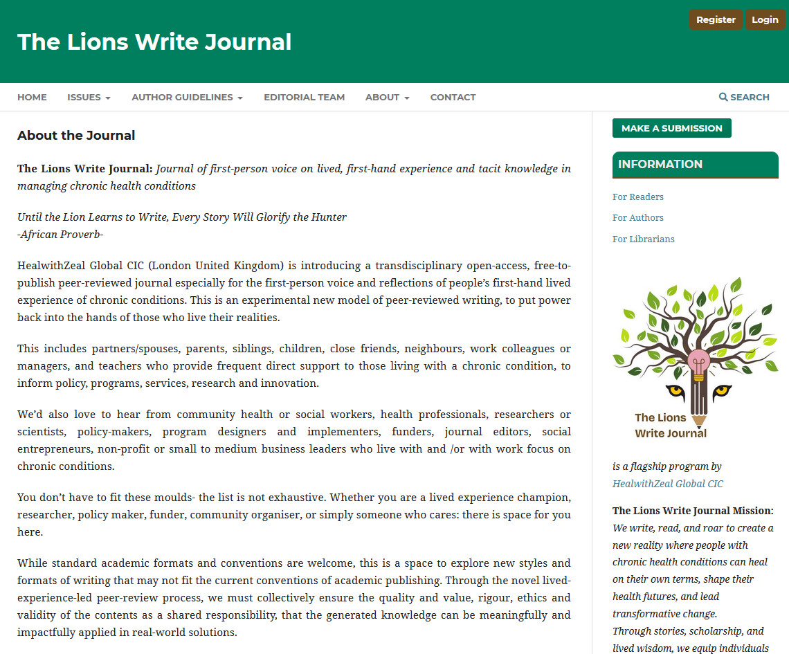 The Lions Write Journal: Journal of first-person voice on lived, first-hand experience and tacit ...